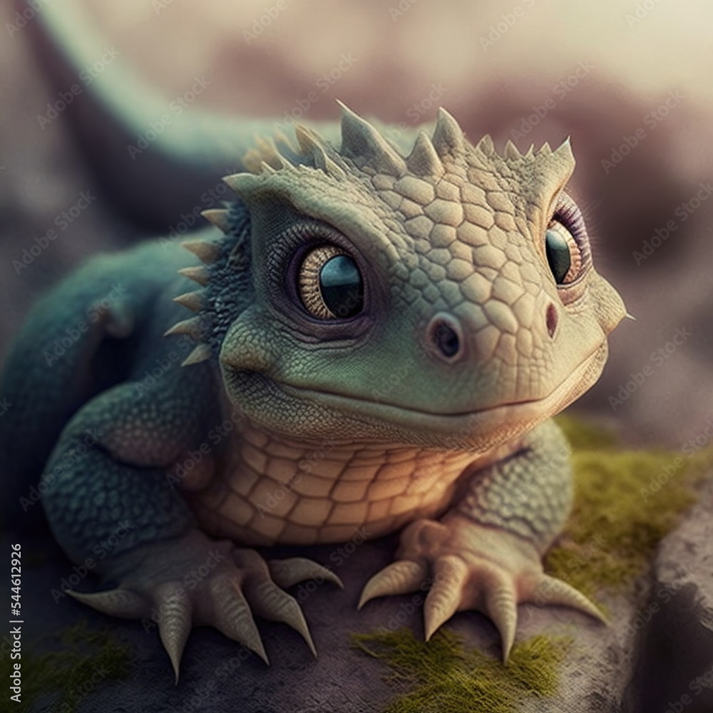 a cute adorable baby dragon lizard 3D Illustation stands in nature in the style of children ...