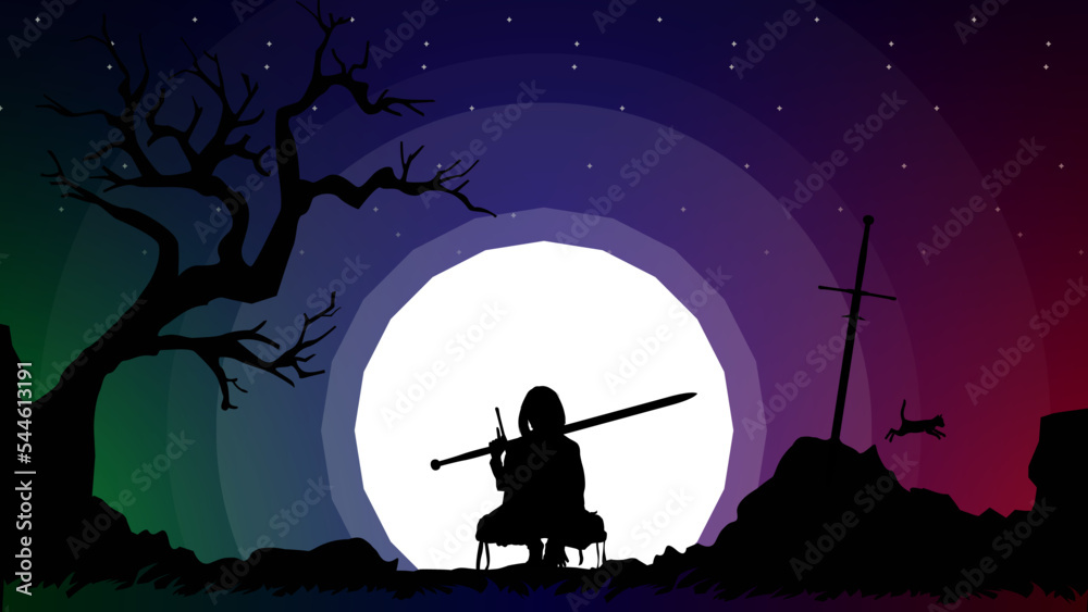 female samurai. silhouette of a person in the night. Japanese samurai ...
