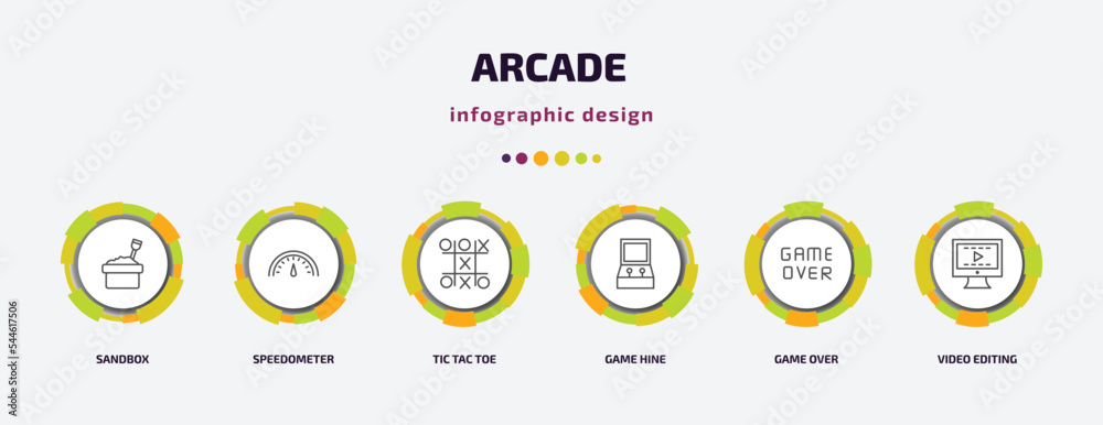 arcade infographic template with icons and 6 step or option. arcade ...