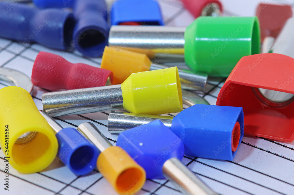 Metal tip for copper electrical wires on an electrical diagram.Soft ...