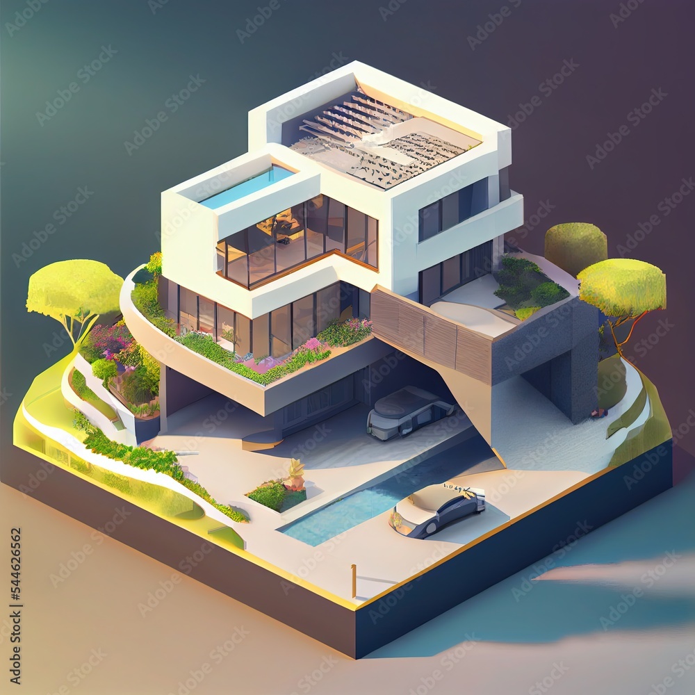 isometric diorama of a modern contemporary mansion Stock Illustration ...