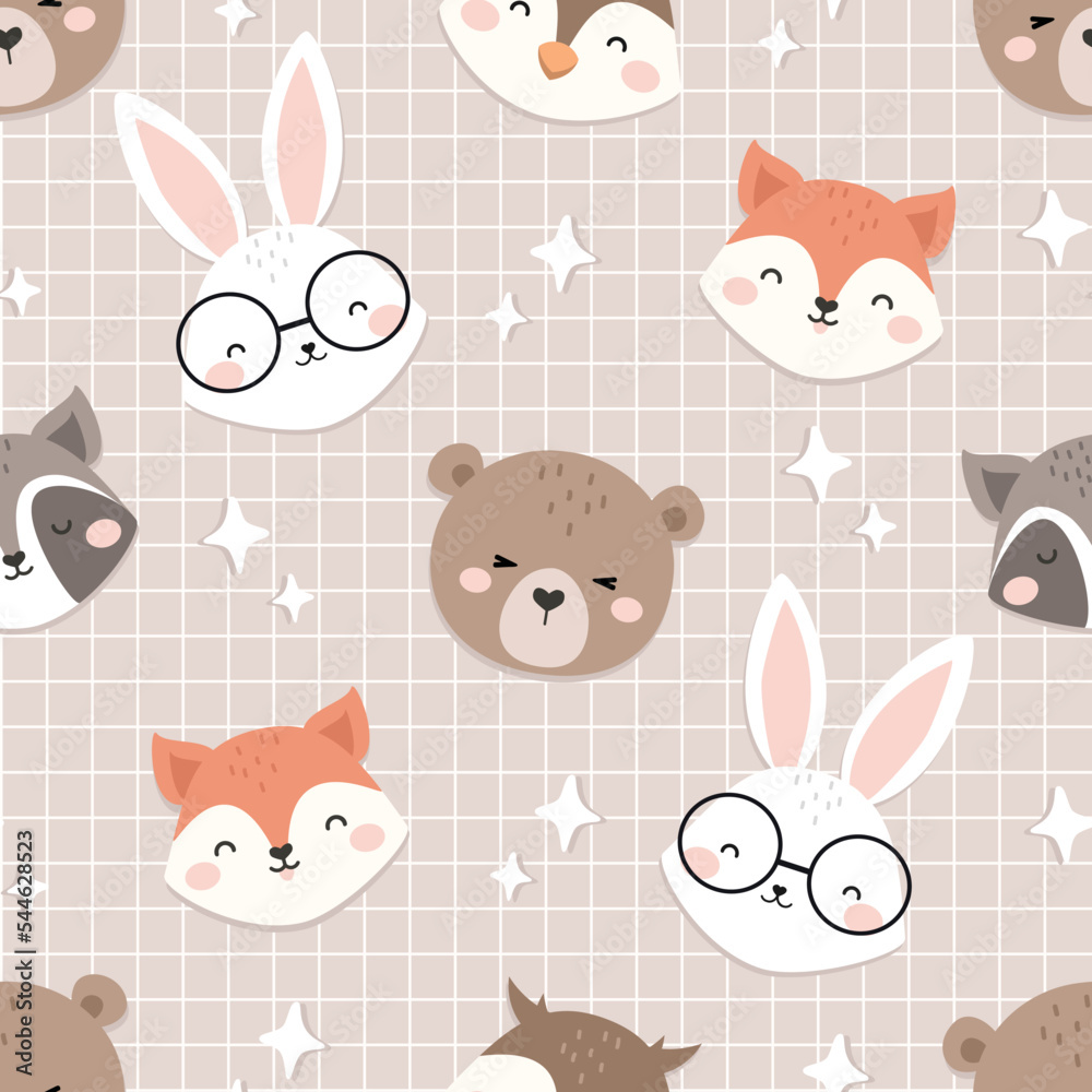 Cute Face Animals seamless pattern. Childish Cartoon Animals Background. Cute Cartoon fox ...