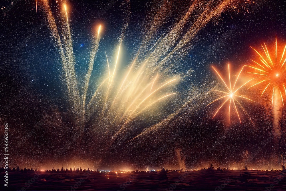 Exploding festival firework. Festive show in night sky. Flashes of ...