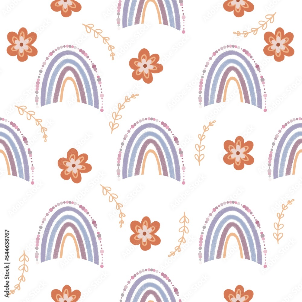 Boho rainbow seamless pattern. Boho rainbow with flower and leaf ...