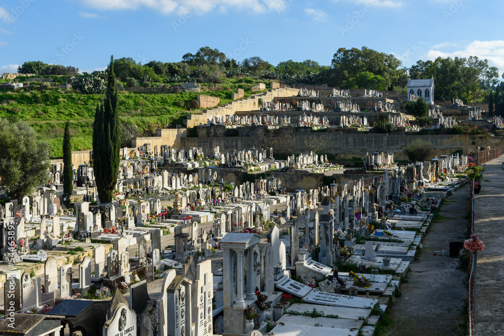Gravestones at the Santa Maria Addolorata Cemetery in Paola, Malta. It ...