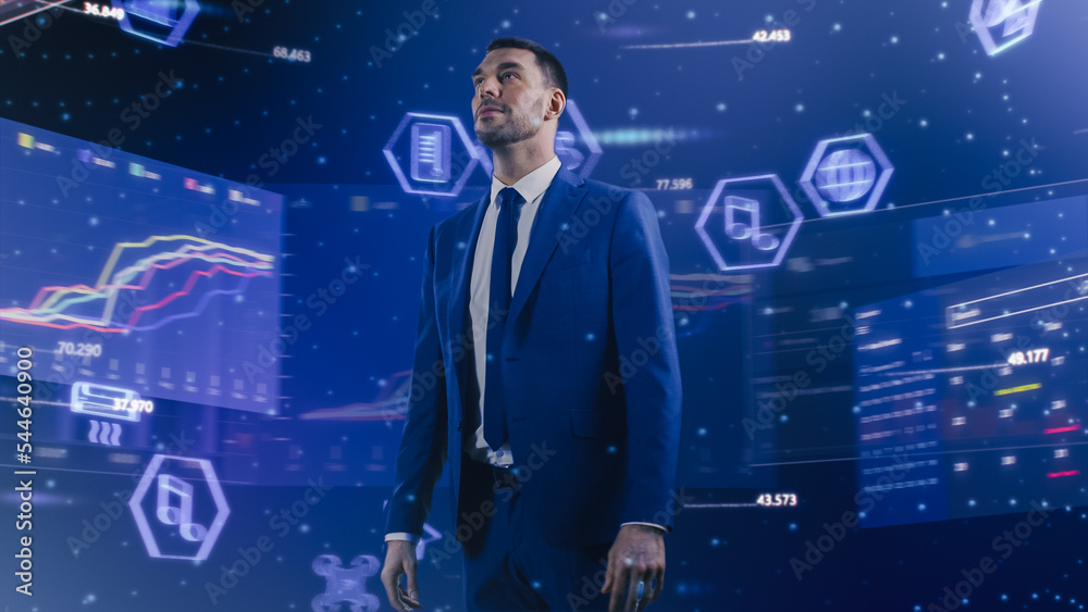 Augmented Virtual Reality Concept: Businessman in 3D World Surrounded ...