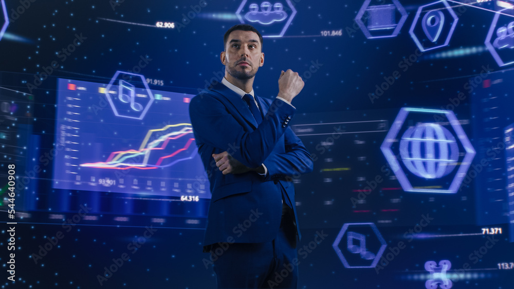 Augmented Virtual Reality Concept: Confident Businessman in 3D World ...