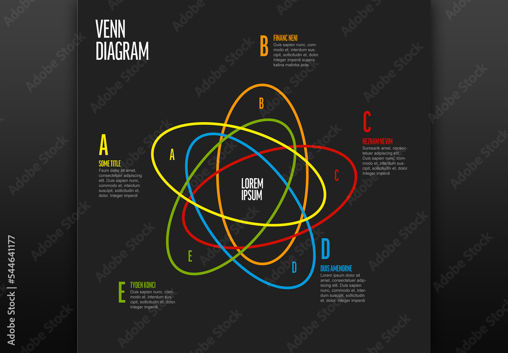 Multipurpose dark Venn diagram schema template with five elements Stock ...