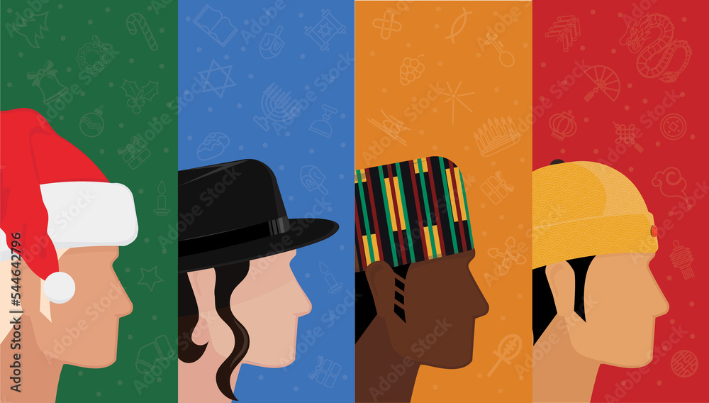 Christmas, Hanukkah, Kwanzaa, Chinese New Year men together celebrating ...