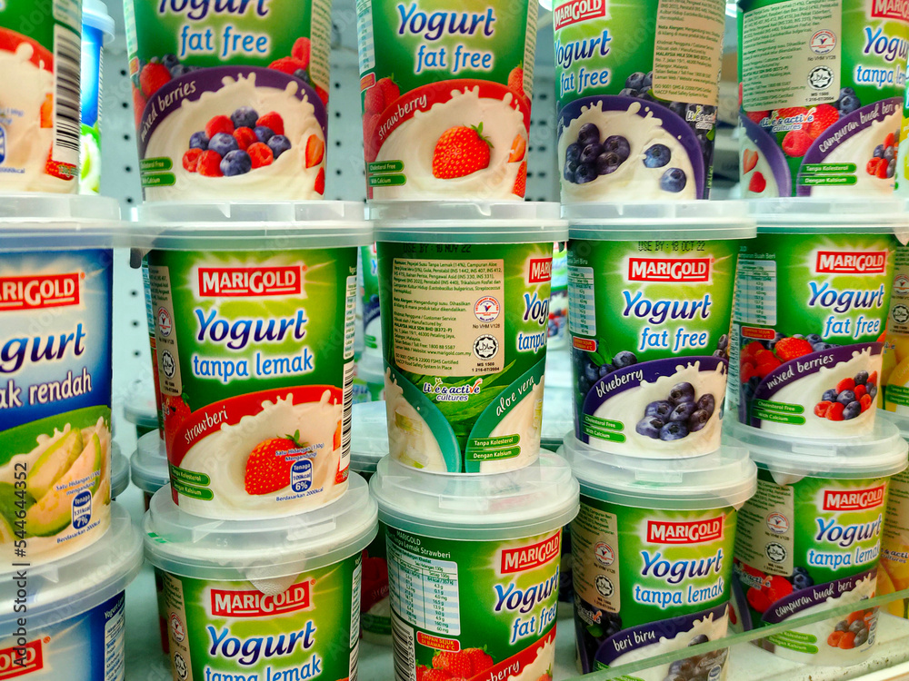 JOHOR, MALAYSIA -JULY 6, 2022: Yogurt in commercial packs. Small cup ...