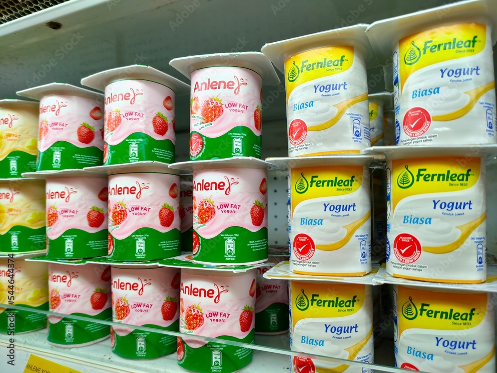 JOHOR, MALAYSIA -JULY 6, 2022: Yogurt in commercial packs. Small cup ...