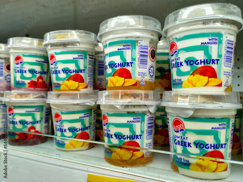 JOHOR, MALAYSIA -JULY 6, 2022: Yogurt in commercial packs. Small cup ...