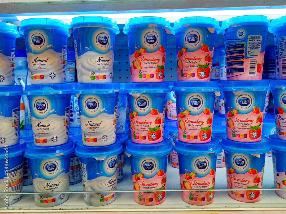 JOHOR, MALAYSIA -JULY 6, 2022: Yogurt in commercial packs. Small cup ...