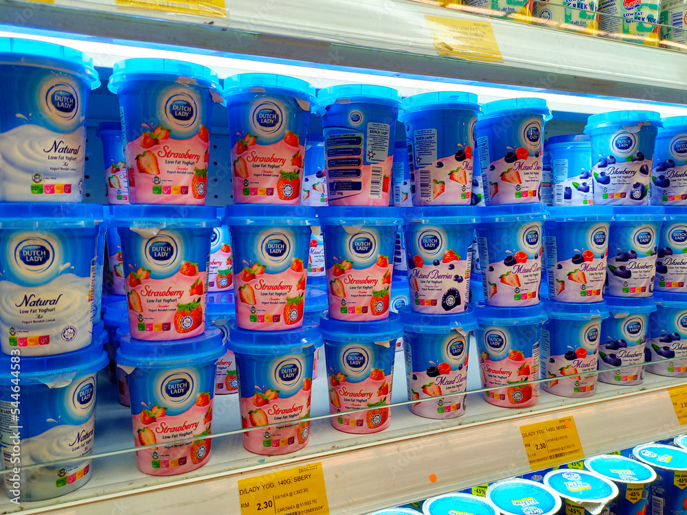 JOHOR, MALAYSIA -JULY 6, 2022: Yogurt in commercial packs. Small cup ...