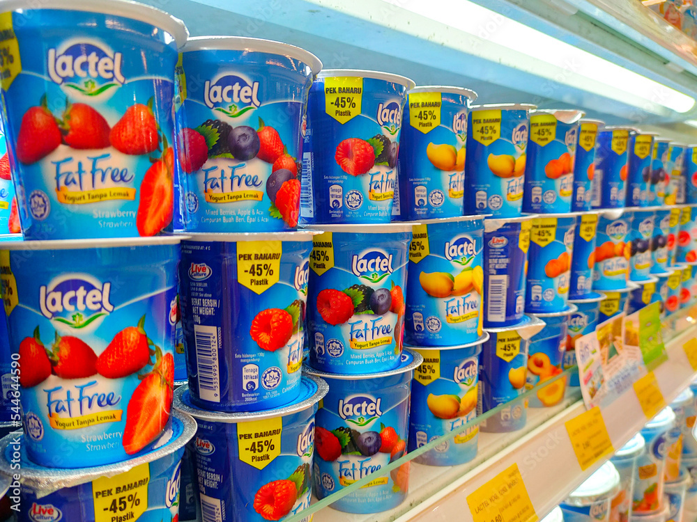 JOHOR, MALAYSIA -JULY 6, 2022: Yogurt in commercial packs. Small cup ...