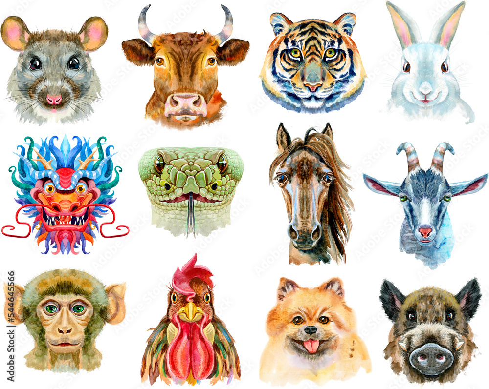 Border from watercolor twelve chinese zodiac animals Stock Illustration ...