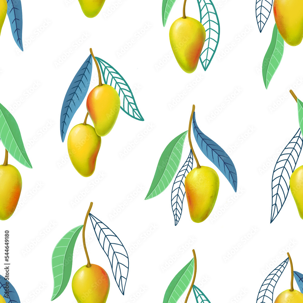 Seamless pattern design with hand drawn illustrations of mango fruit ...