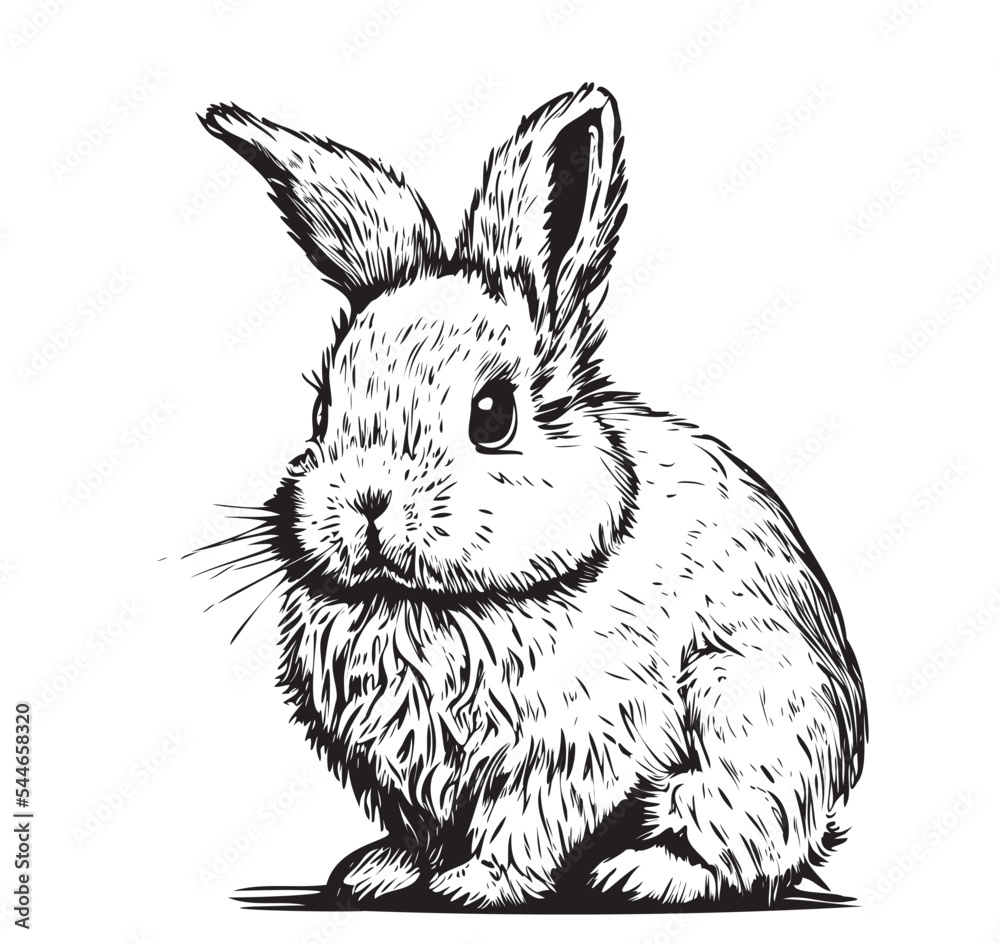 Cute fluffy rabbit sketch drawn in ink.Vector illustration. Stock ...