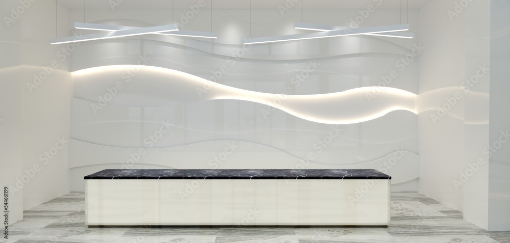 Front view of a white reception desk standing in front of a white ...