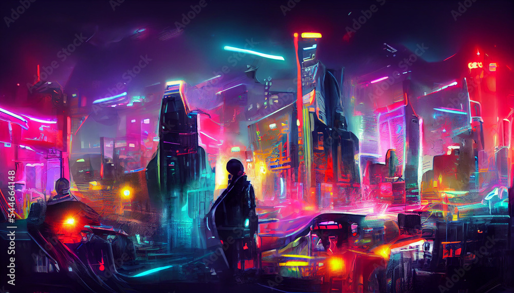 Futuristic cyberpunk neon night city street background. science fiction ...