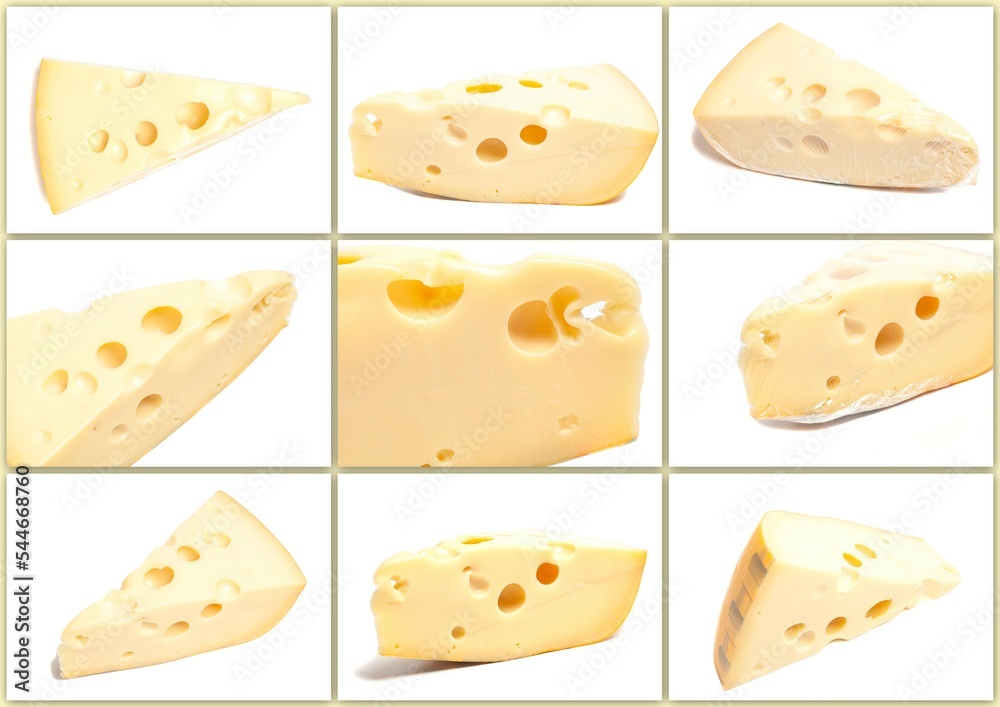 Collage with Piece of cheese with big holes, isolated on white ...