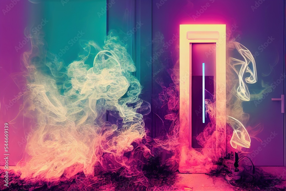 Strange fluorescent light layout with glowing neon frame,door and smoke ...