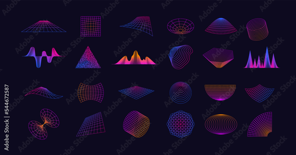 Neon grid collection. Retro cyberpunk glitch elements, abstract futuristic geometric shapes for ...