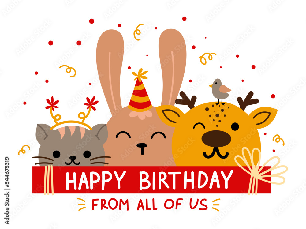 Birthday card with cute forest animals. Cat, rabbit and deer drawn in ...