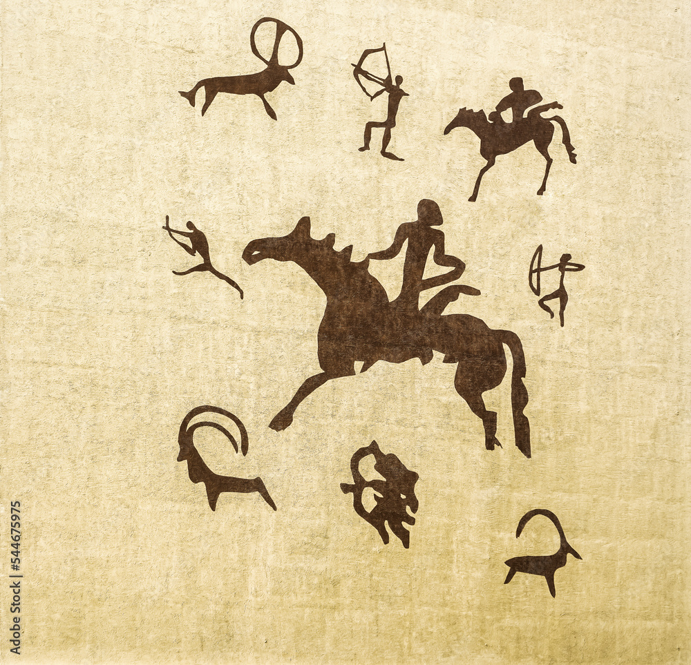 Cave art pattern made of ancient wild animals, horses, and hunters ...