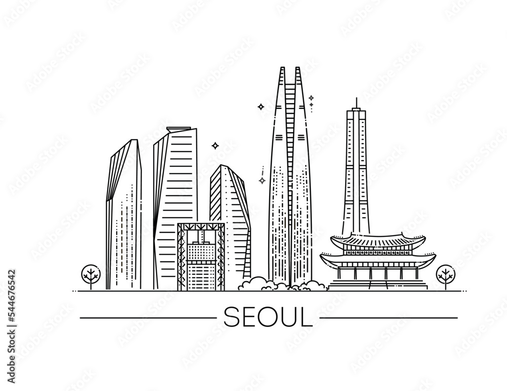 Poster Corea, Seoul line travel skyline set. Vector symbols – Wall Art ...