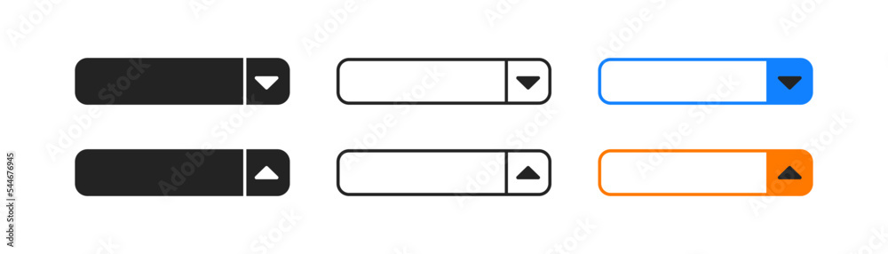 Drop down menu icon on white background. List bar. Navigation element. Arrow, show more, less ...