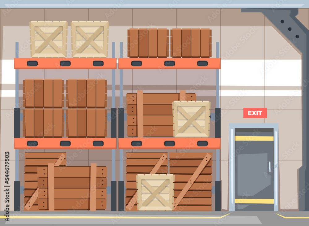Warehouse with boxes. Storehouse interior with wooden crates pallets ...