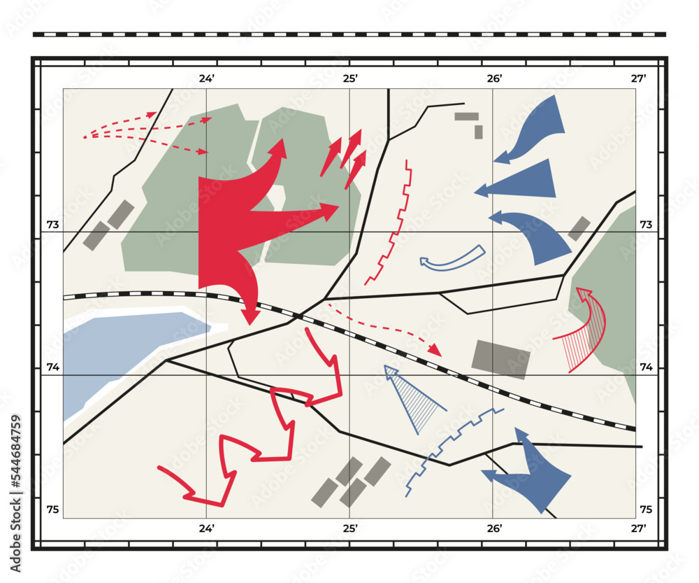 War map. Geography fighting defense plan with navigation arrow icons ...