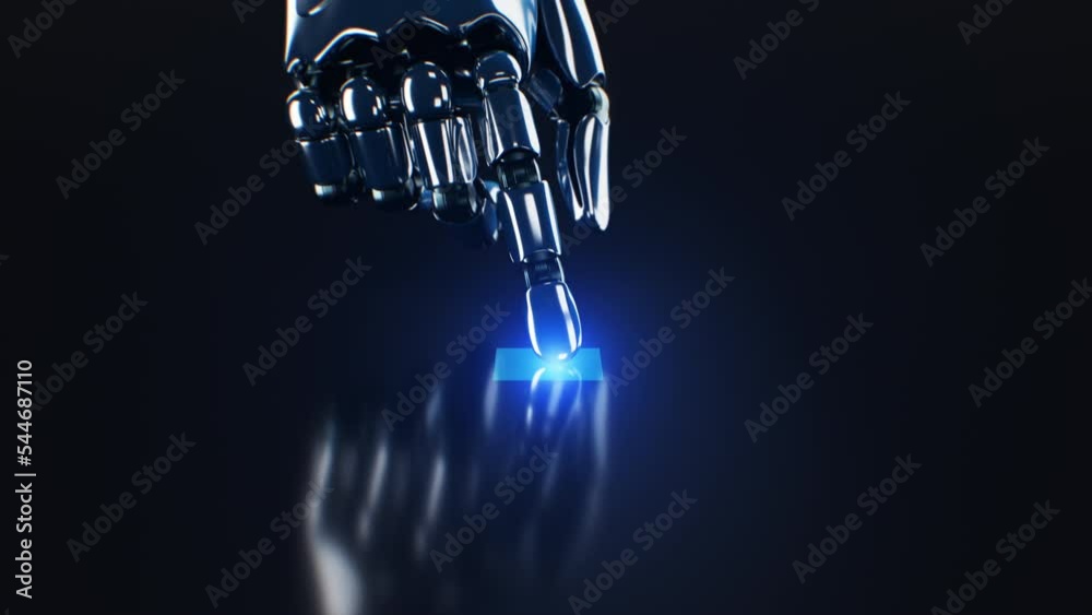 Robot Hand Click on Touch Screen Button Close-up 3d Animation. Green ...