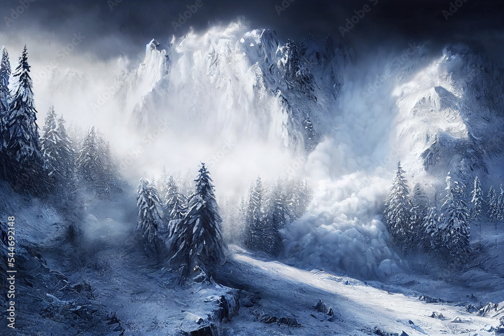 Freshly fallen snow covers the branches of trees. Snow storm left trees ...