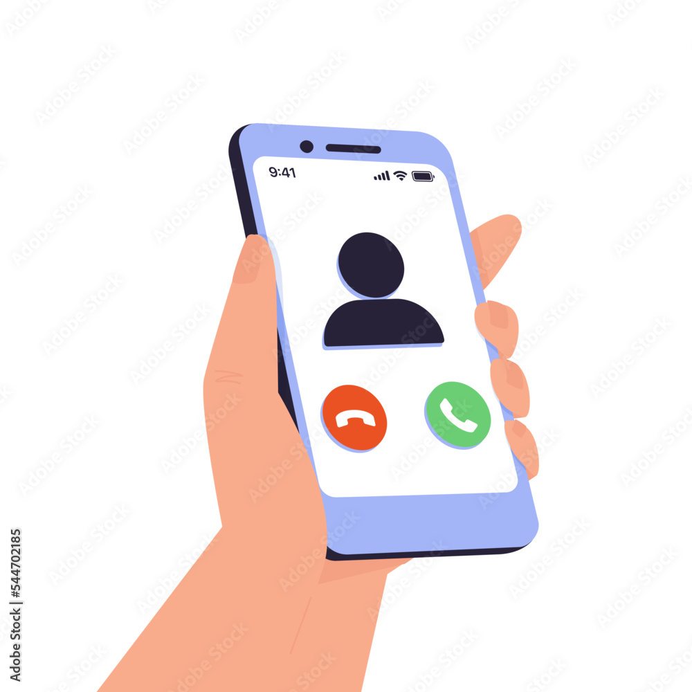 Incoming call on mobile phone. Hand holding smartphone with answer and ...