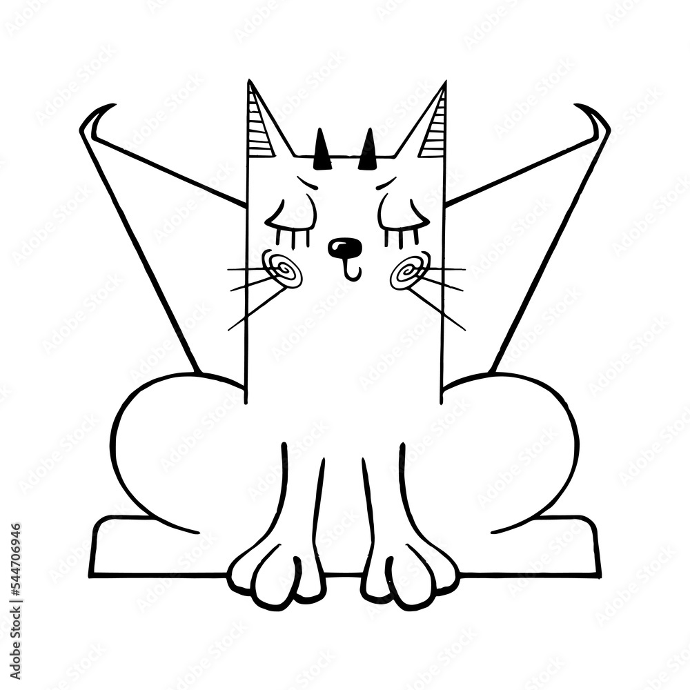 Gargoyle cat, linear stylized drawing. Cute funny character with wings ...