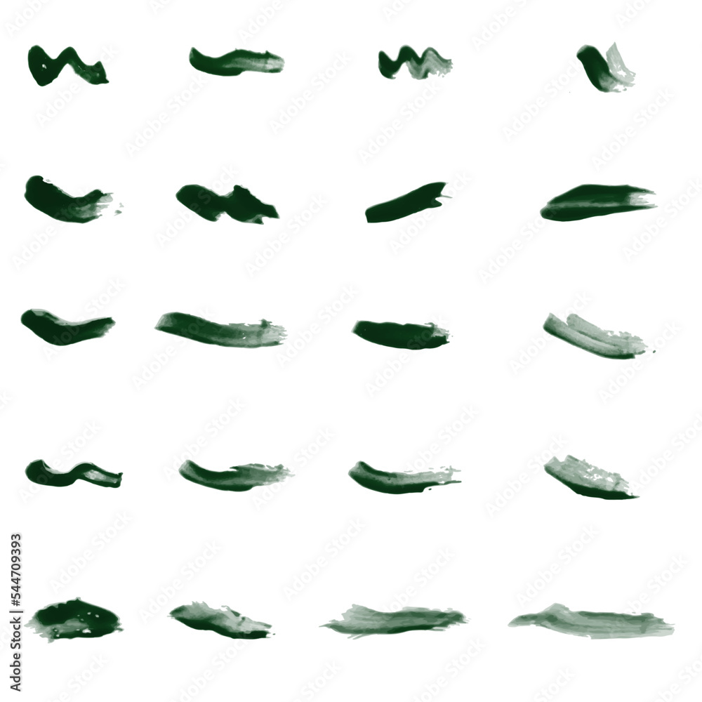 Vector set of green smear and line brush for art painting. Watercolor ...
