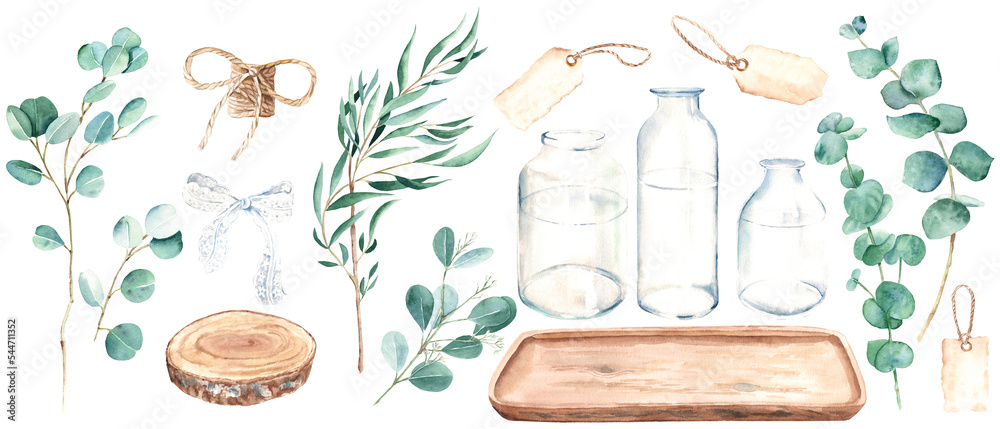 Watercolor eucalyptus branch set with glass bottle, vase, jar, wooden ...