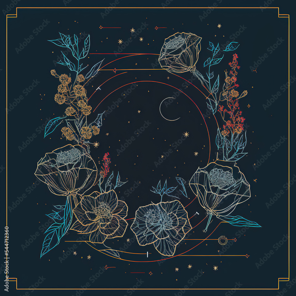 boho frame with flowers, celestial trendy linear style, mystical ...