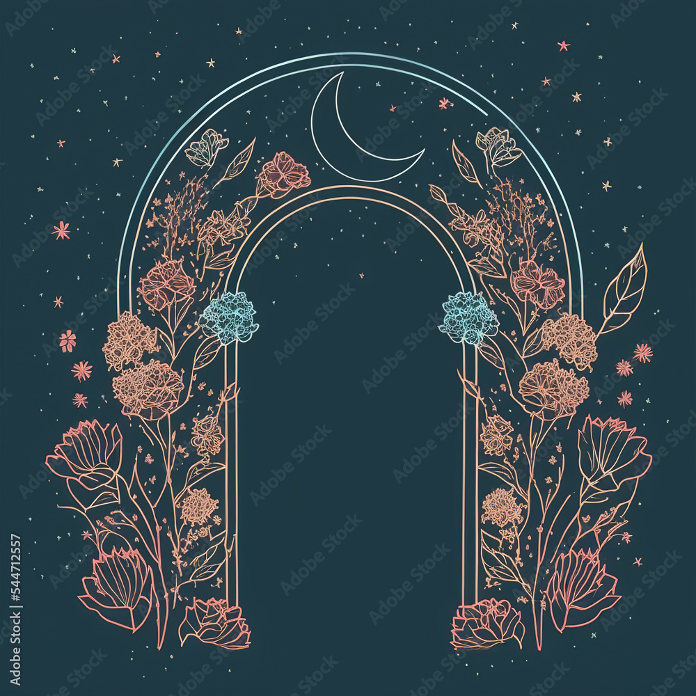 boho frame with flowers, celestial trendy linear style, mystical ...