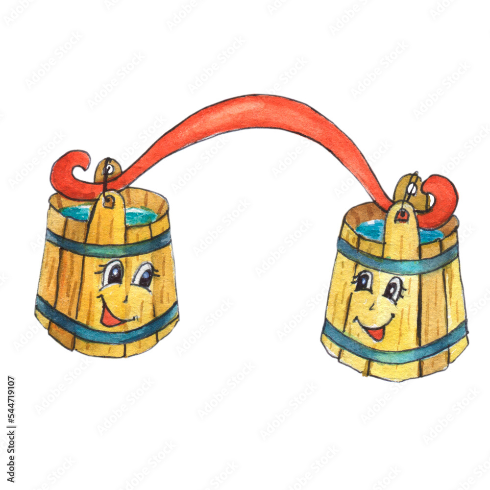 Watercolor fabulous wooden yoke with buckets isolated on white ...