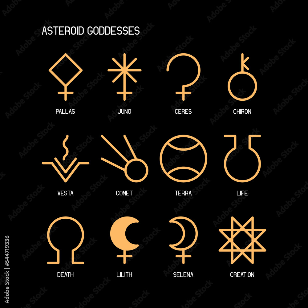 ASTEROID GODDESSES zodiac horoscope thin line label linear design ...