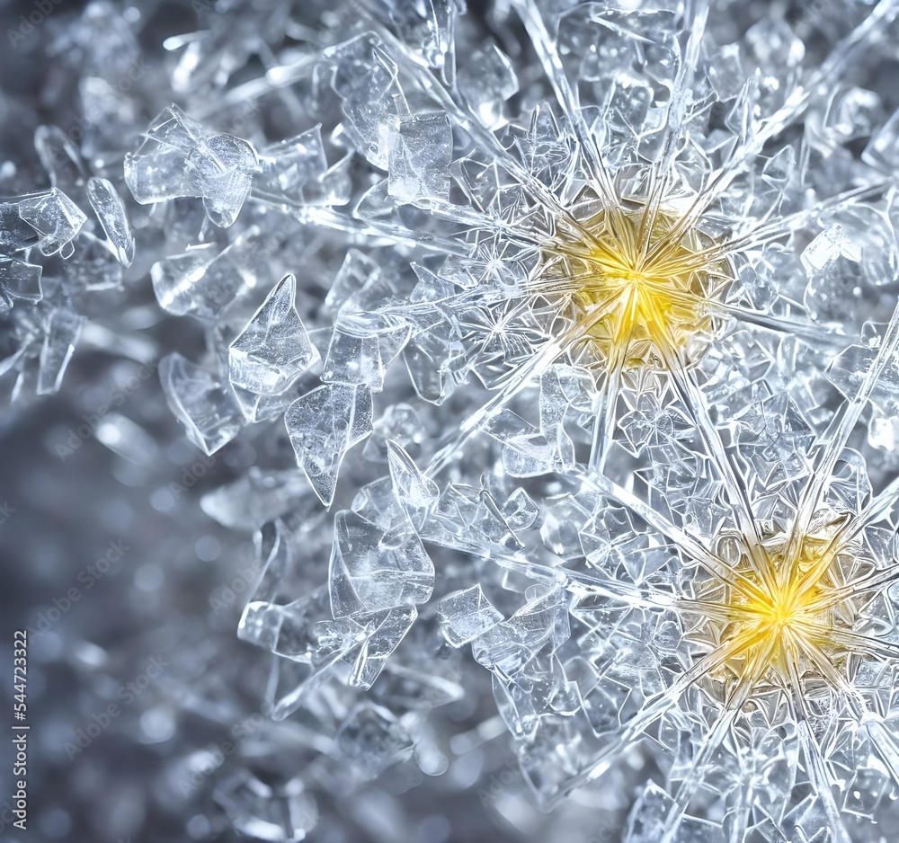 A dazzling snowflake crystal is up close and in focus. Its six sides ...