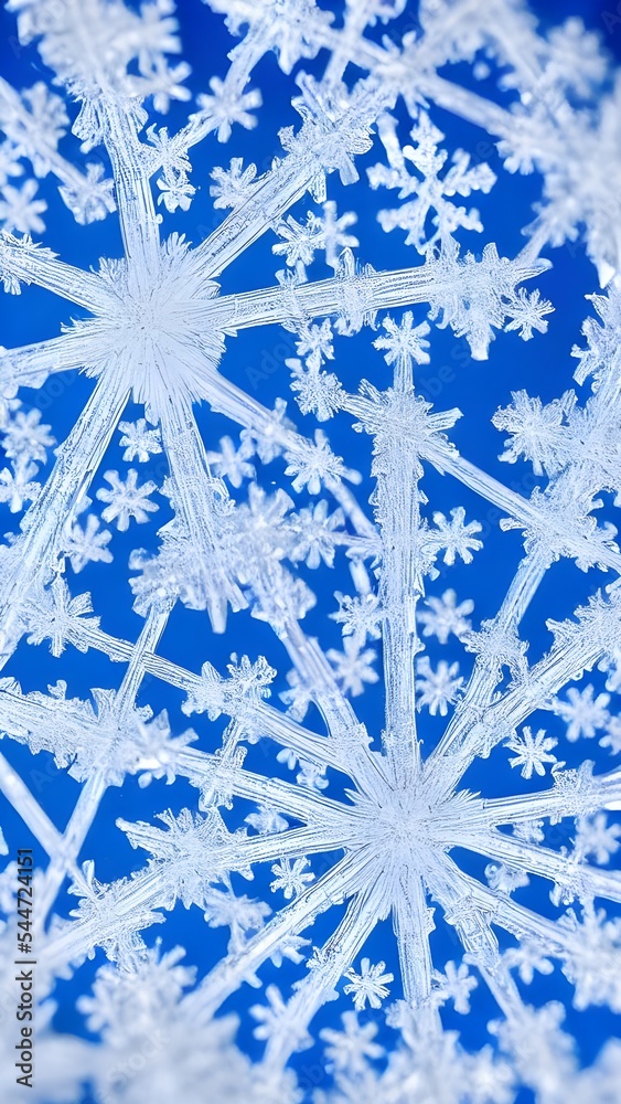 A close up of a snowflake reveals its intricate design. The six sides ...