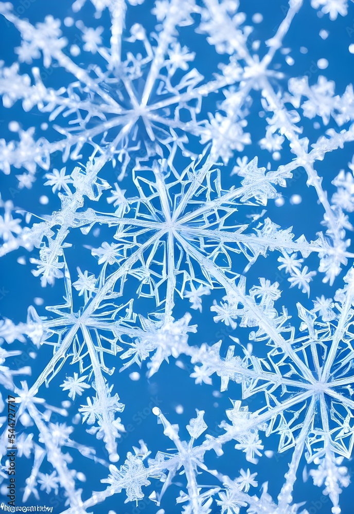 A bright white snowflake is in the center of the frame with its sixfold ...