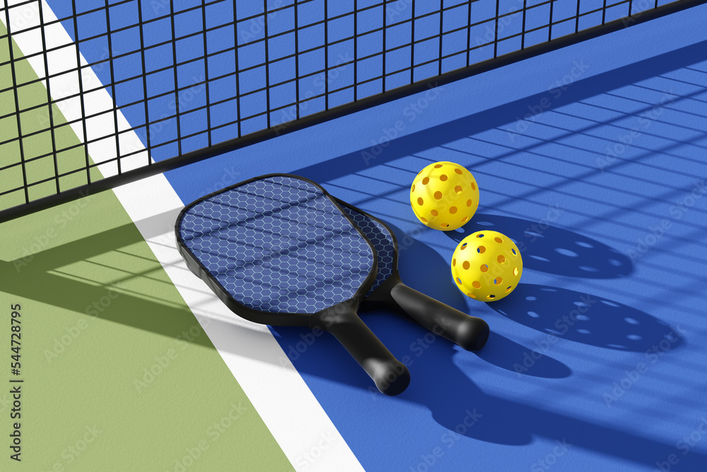 Pickleball paddles with balls on court under the shadow of the grid. 3d ...