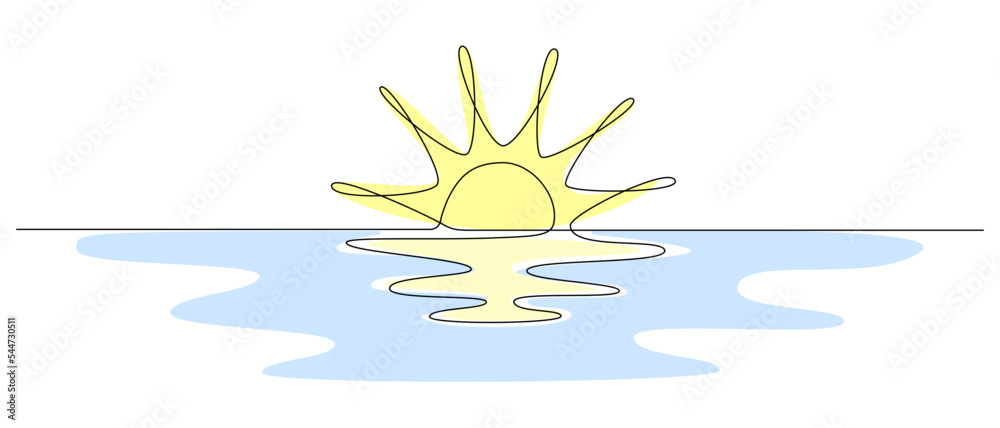 One continuous line drawing of sunny ocean view. Hot temperature and ...