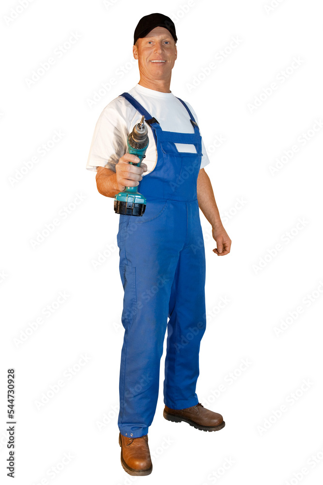 Craftsman series: funny workman imitates cowboy posing with drill ...