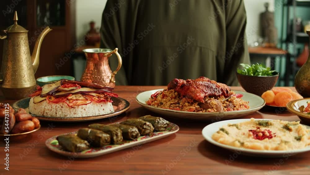 Kabsa, hummus, maqluba, maqluba, tabbouleh close-up, rice and meat dish ...